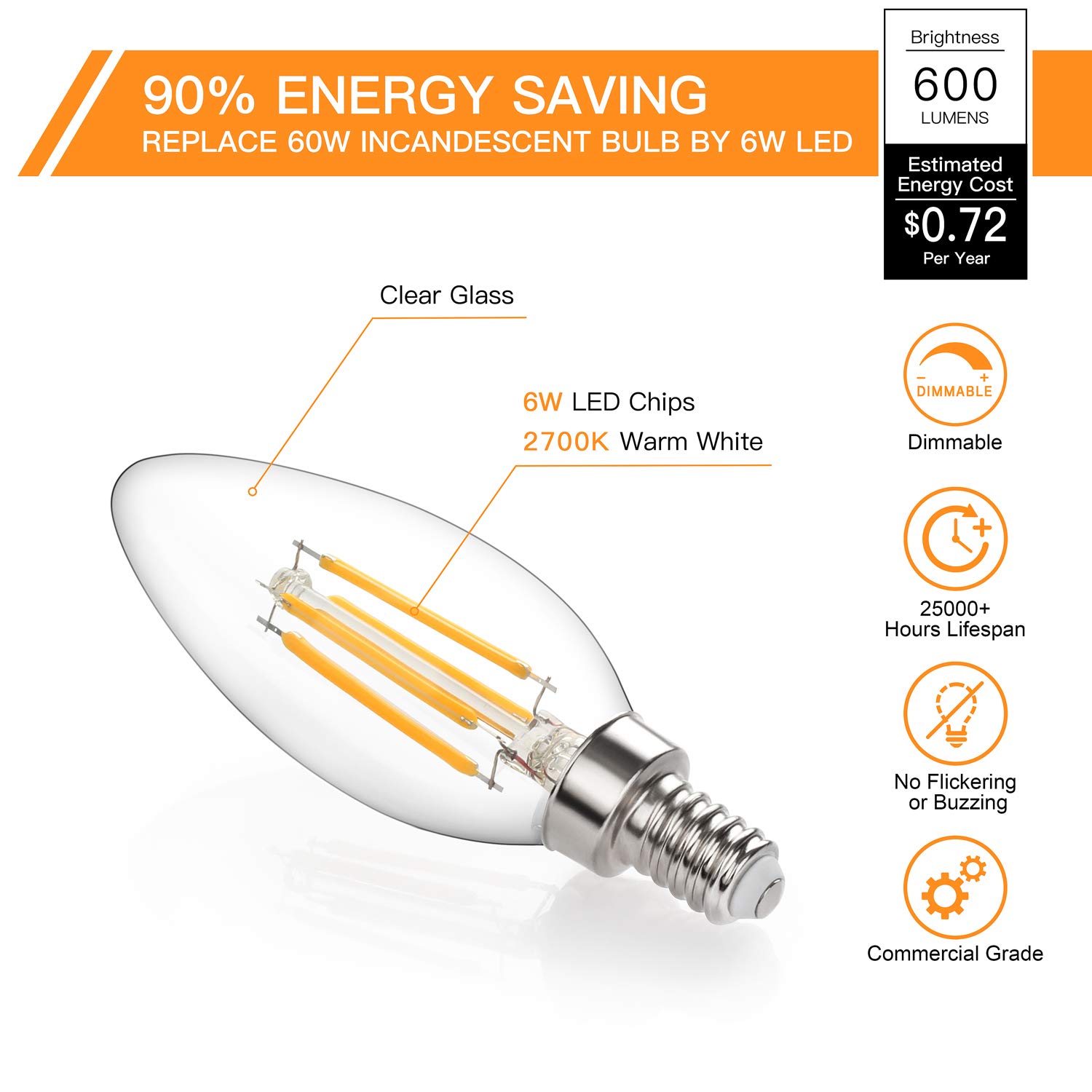 MAXvolador Dimmable LED Candelabra Bulb 60W Equivalent, 2700K Warm White, 6W Chandelier LED Filament Light Bulbs 600Lumens, E12 Base, B11 Decorative Candle Bulb Pack of 12