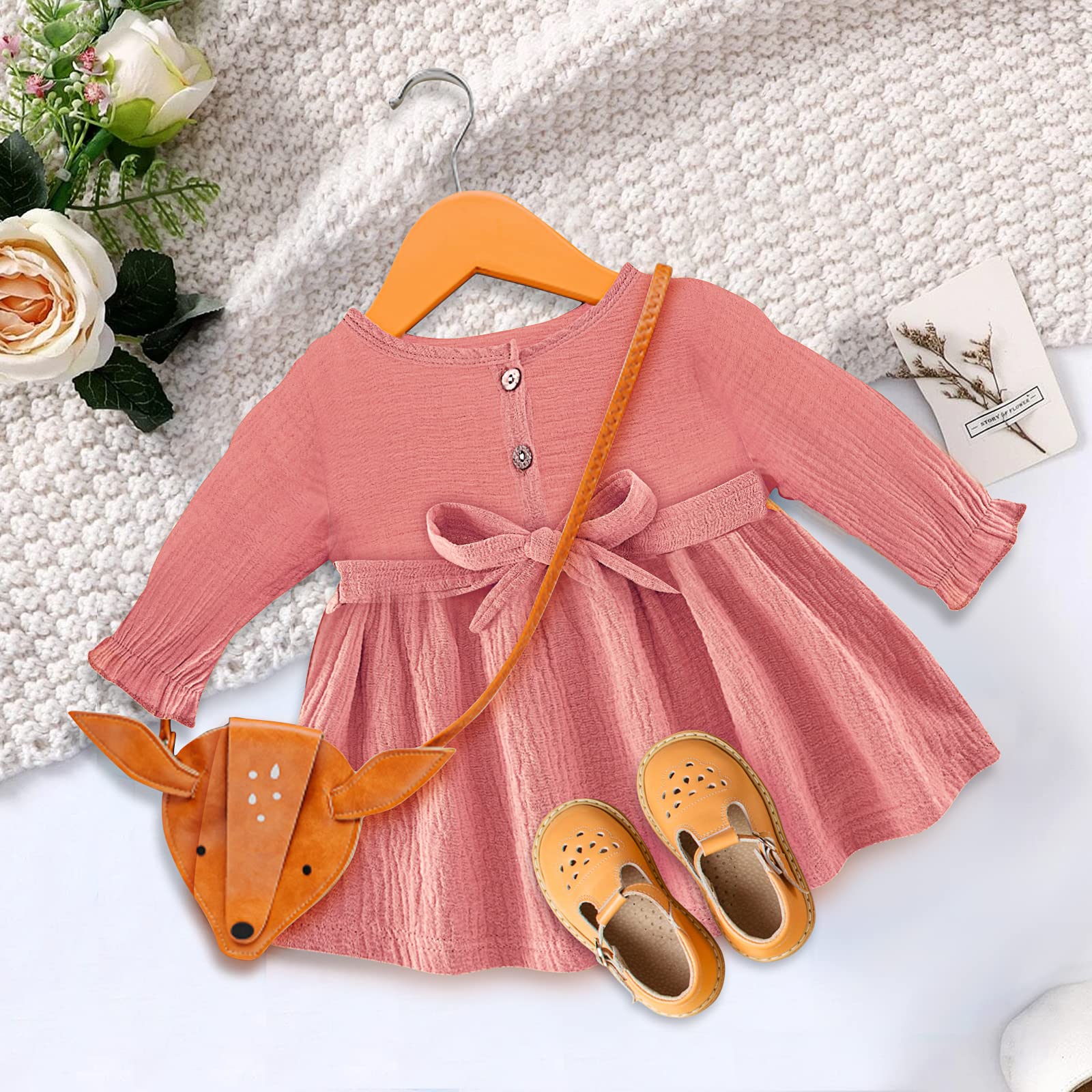 Toddler Pink Dress Long Sleeve Dress Size 4 5 Cotton Linen Plain Button Down Vintage Dresses Tea Party Bow Belt Spring Fall Dresses 4T 5T