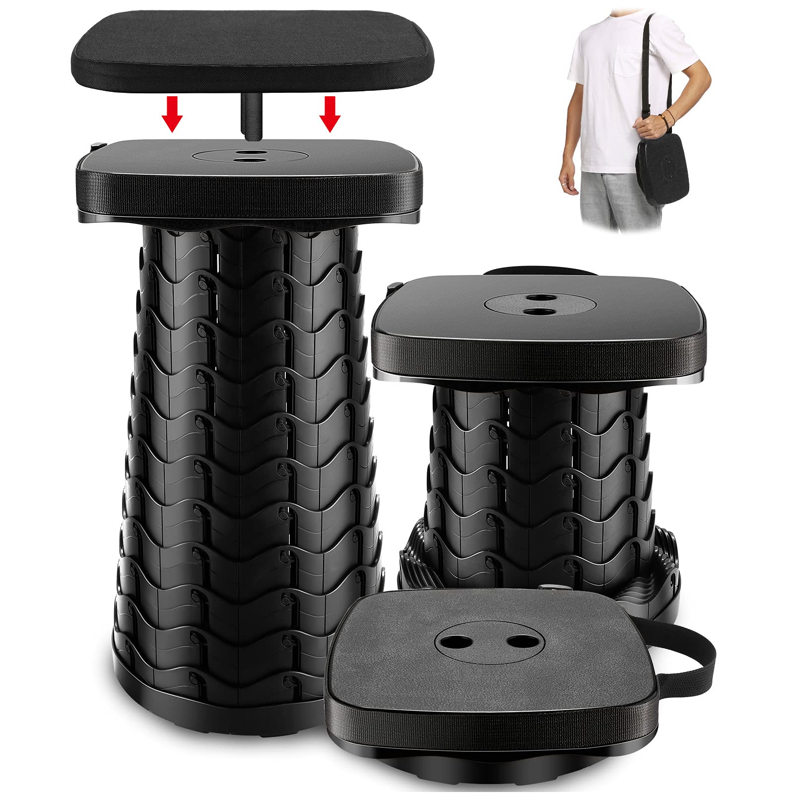 Miiuewuo Folding Portable Retractable Stool, Foldable Collapsible Telescopic Seat with 10” X 10” Cushion, Small and Lightweight Expandable Stool for Fishing Camping Outdoor Travel Garden, Load 500lbs