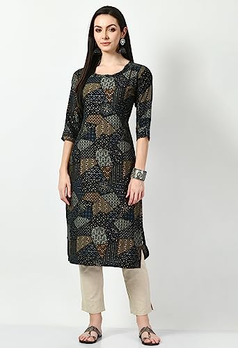 Lagi Women Round Neck 3/4 Sleeves Gold Foil Print Rayon Kurti, Grey (XL)