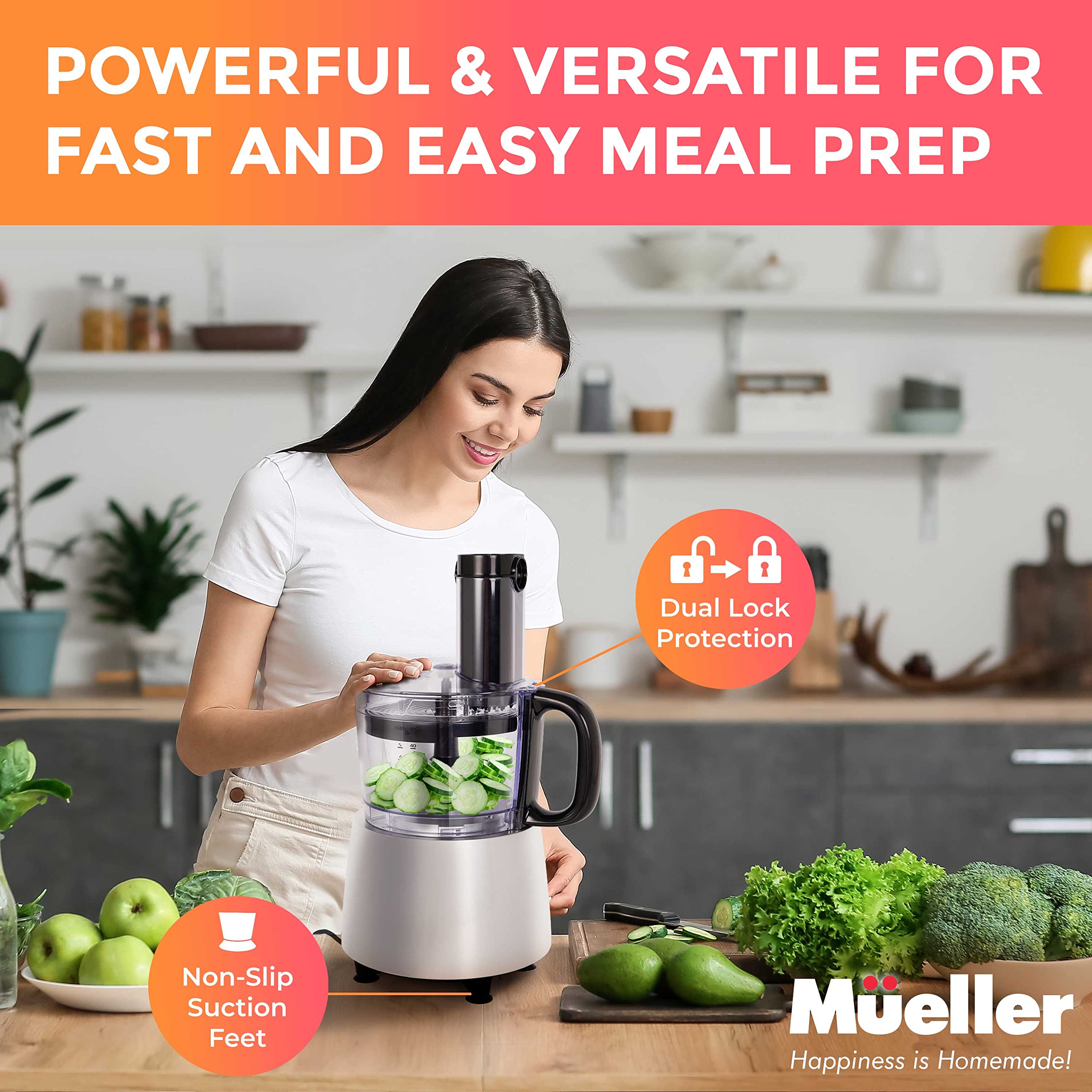 Mueller Ultra Prep Food Processor Chopper for Dicing, Slicing, Shredding, Mincing, and Pureeing, Food Chopper for Vegetables, Meat, Grains, Nuts, 8 Cup, Silver