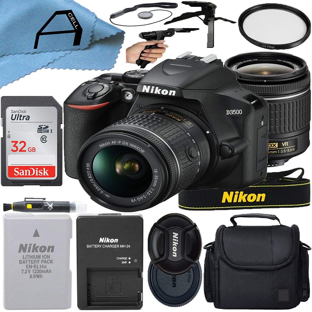 Nikon D3500 DSLR Camera 24.2MP Sensor with NIKKOR 18-55mm f/3.5-5.6G VR Lens, SanDisk 32GB Memory Card, Case, Tripod and A-Cell Accessory Bundle (Black) (Renewed)