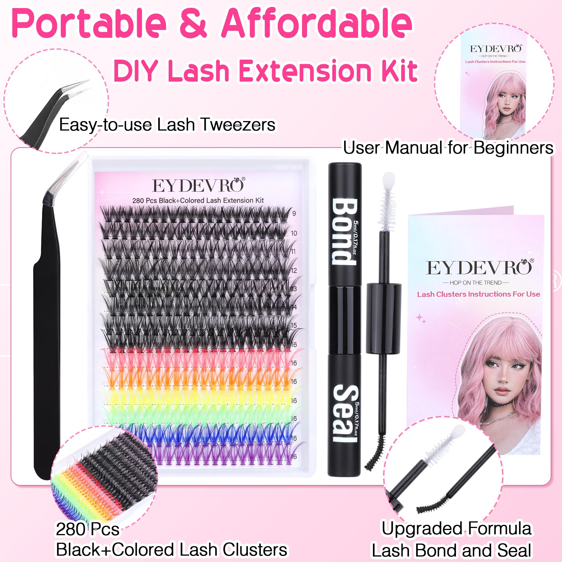 Lash Extension Kit Colored Lash Clusters DIY Eyelash Extension Kit 6 Colors Rainbow Individual Lashes with Bond and Seal and Lash Applicator Colorful Lash Extensions 8-16mm Mixed D Curl Cluster Lashes (Black+Colored) by EYDEVRO