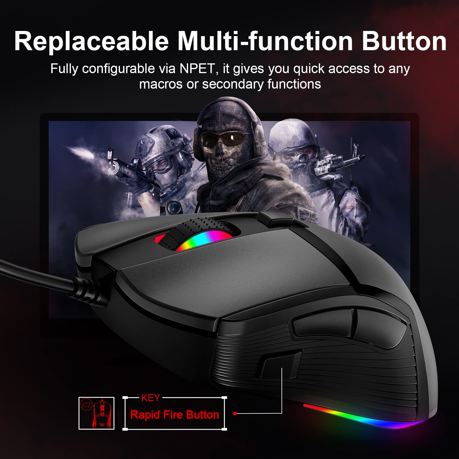 NPET M61 Gaming Mouse, 7200 DPI Optical Sensor, Chroma RGB Lighting, 7 Programmable Buttons, Anti-Slip Side Grips, Wired Mouse for FPS, MOBA, MMO