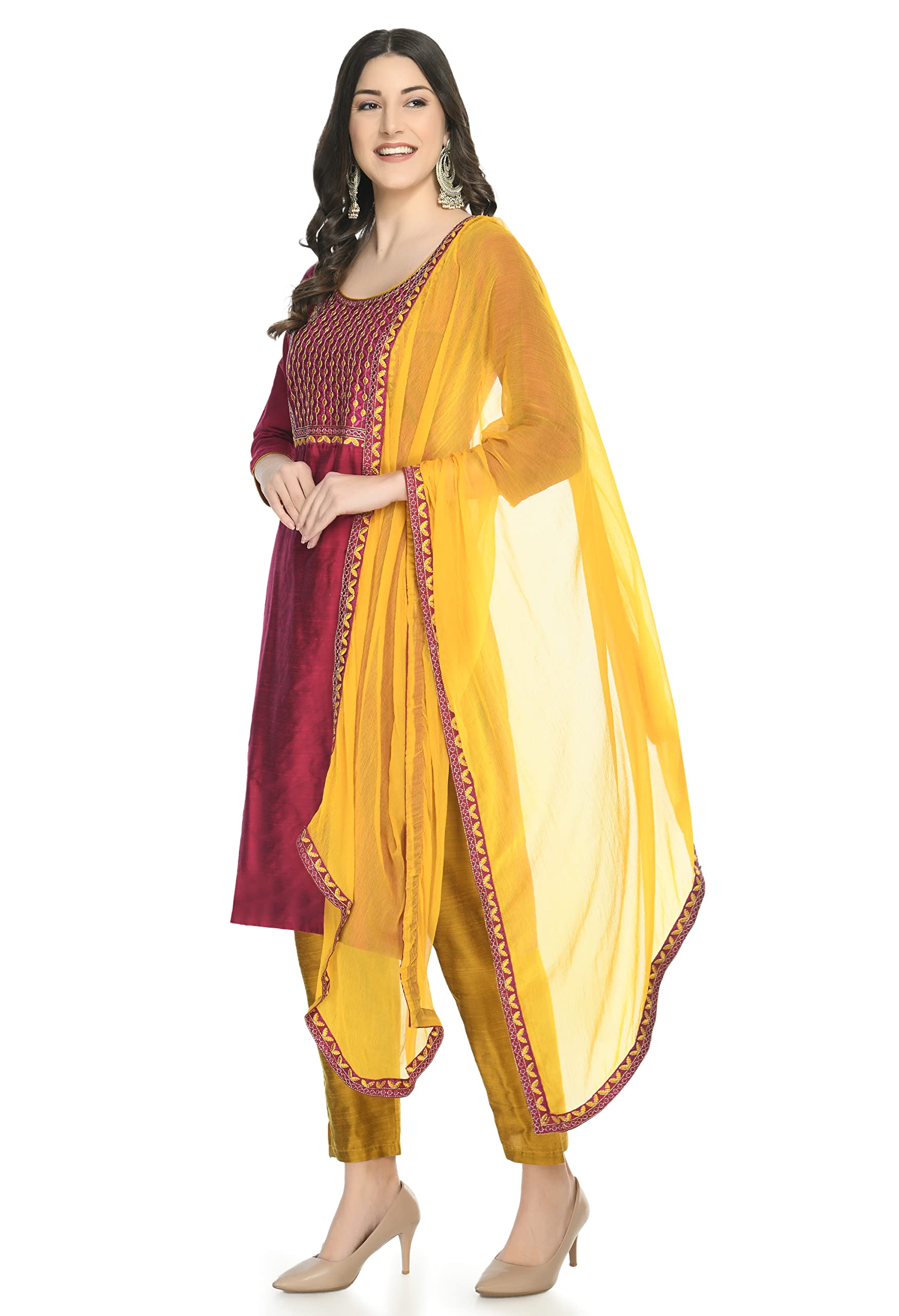 Lagi Women Straight Embroiderd Poly Silk Kurti Dupatta with Pant Set, Magenta (XL)