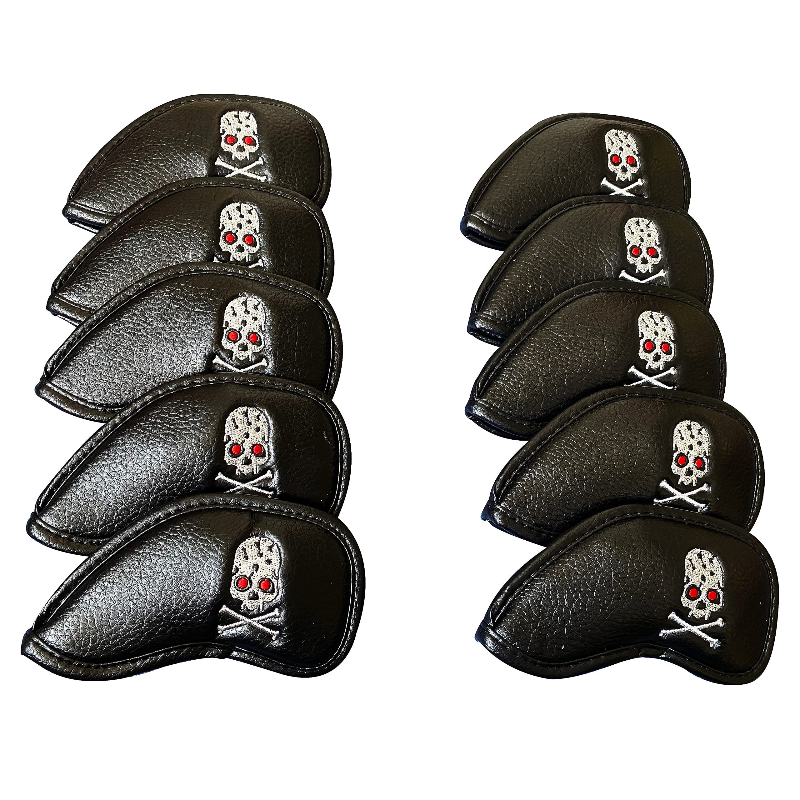 PU Leather Golf Iron Covers Headcovers - Golf Headcovers for Golf Clubs - 10pcs/ Set Golf Club Protective Case fits for Men Taylormade, Mizuno MP JPX, PXG 0311 (Black with Skull)