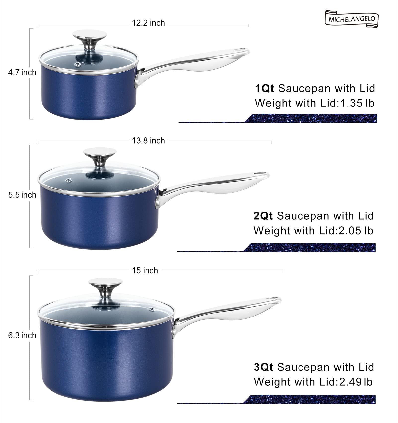 MICHELANGELO Nonstick Sauce Pan, Ceramic Saucepans with Lids, 1Qt & 2Qt & 3Qt Sauce Pan Sets, Nonstick Sauce Pans with Lids, Small Pots with Stainless Steel Handle, Oven Safe, Blue