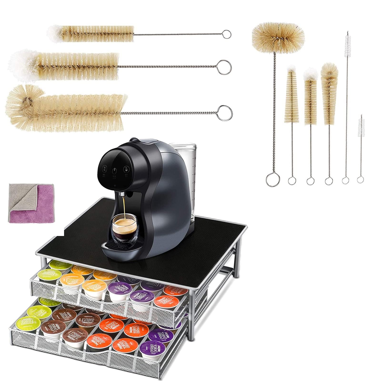 Masthome 2-Tier Coffee Pod Storage Drawer for Dolce Gusto,72 Pod Capacity,9 Pieces Bottle Brush Set, Send 1 Cleaning Cloth