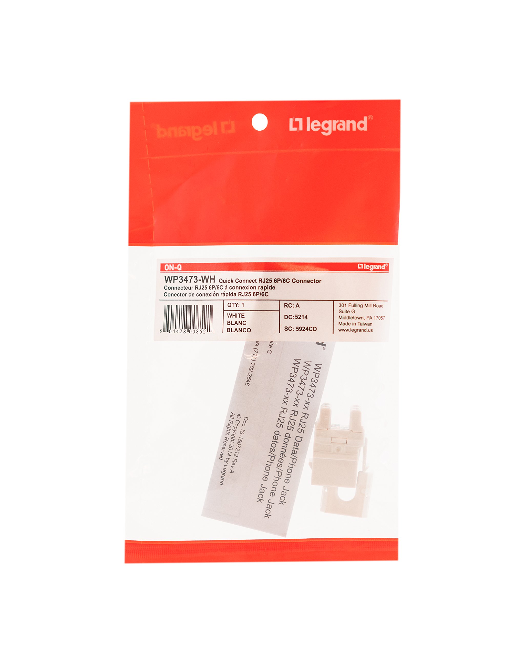 Legrand - OnQ Telephone Keystone Jack RJ25, 6P6C Insert, QuickConnect Universal Keystone Connector for Phone Connections, Rear Mount Snap-In Keystone Design, White, WP3473WH