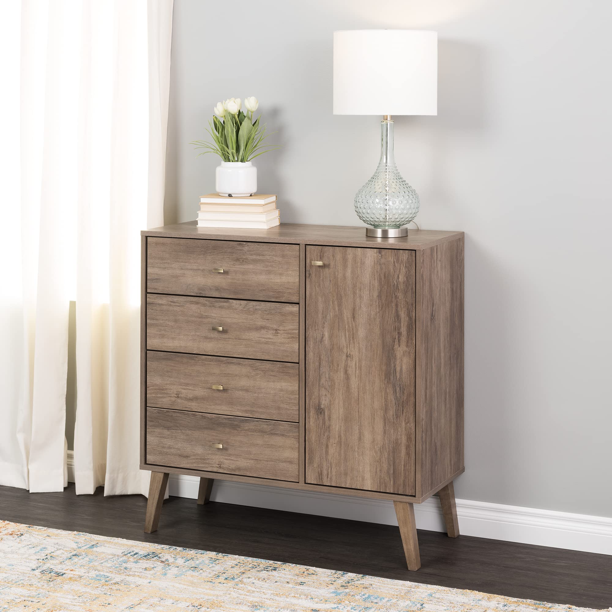 Prepac Milo Mid-Century Modern 4-drawer Chest with Door, Black