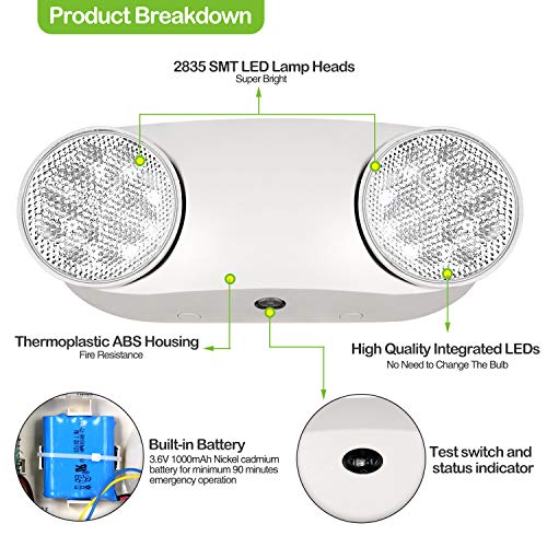 Two Head Emergency Light, Adjustable Integrated LED Emergency Lighting with Battery Backup - 4 Pack