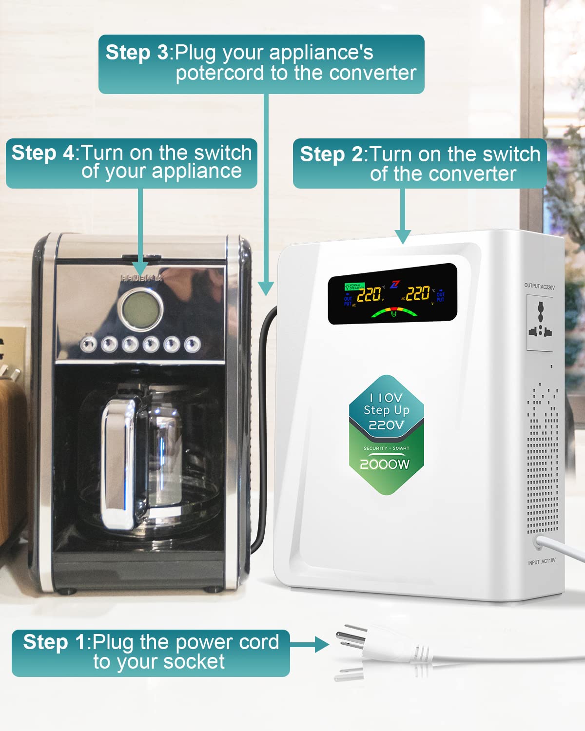 Step Up Transformer 110v to 220v 2000w Voltage Converter, 120v to 240v, No Noise,Suit for Juicer, Chocolate Machine and Other Appliances ,Using 220V Asia Euro Appliance in US