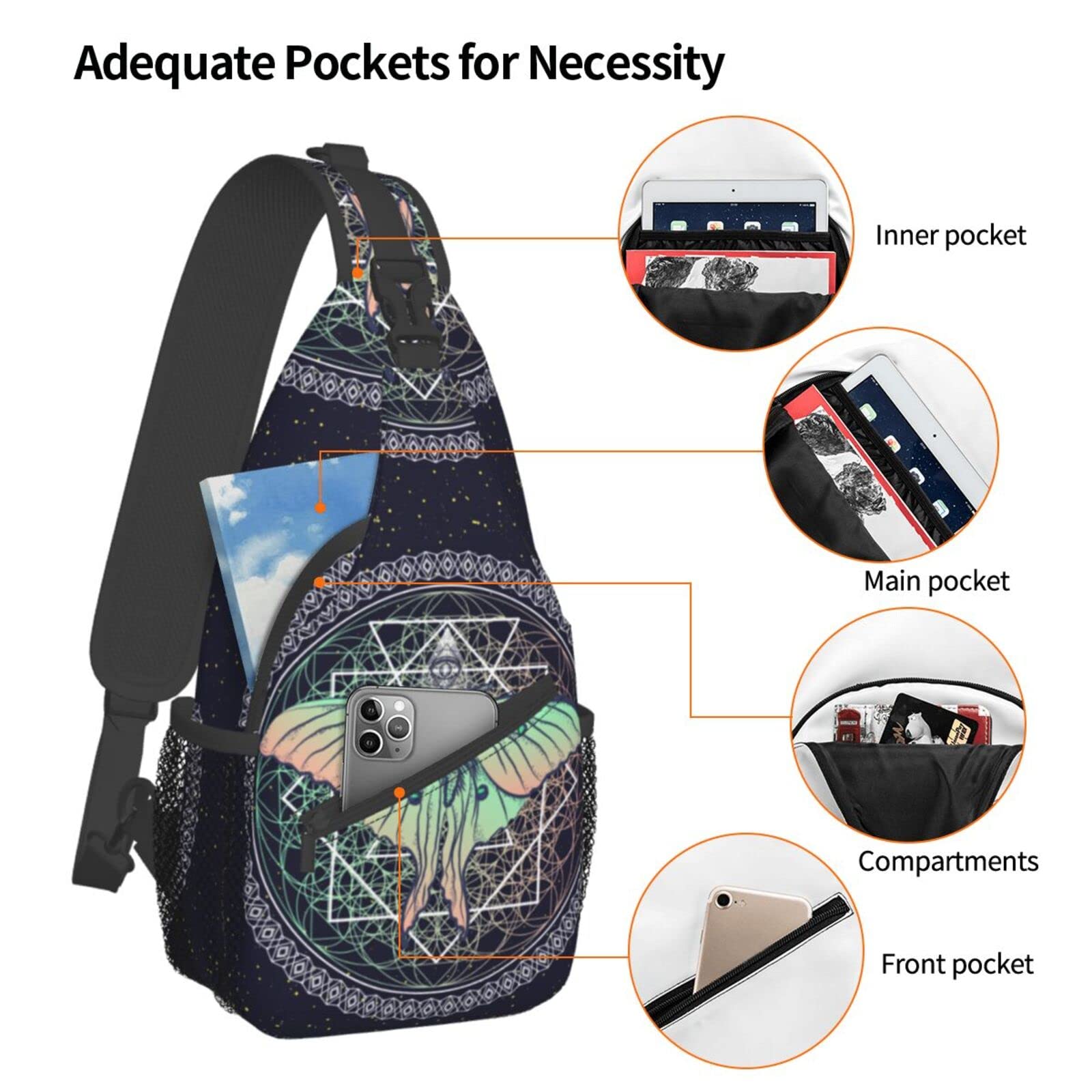 Moth Sling Bag Travel Sling Backpack Crossbody Bag Shoulder Pack Hiking chest Daypack for Women Men Waterproof Adjustable Lightweight Cycling Runners Climbing