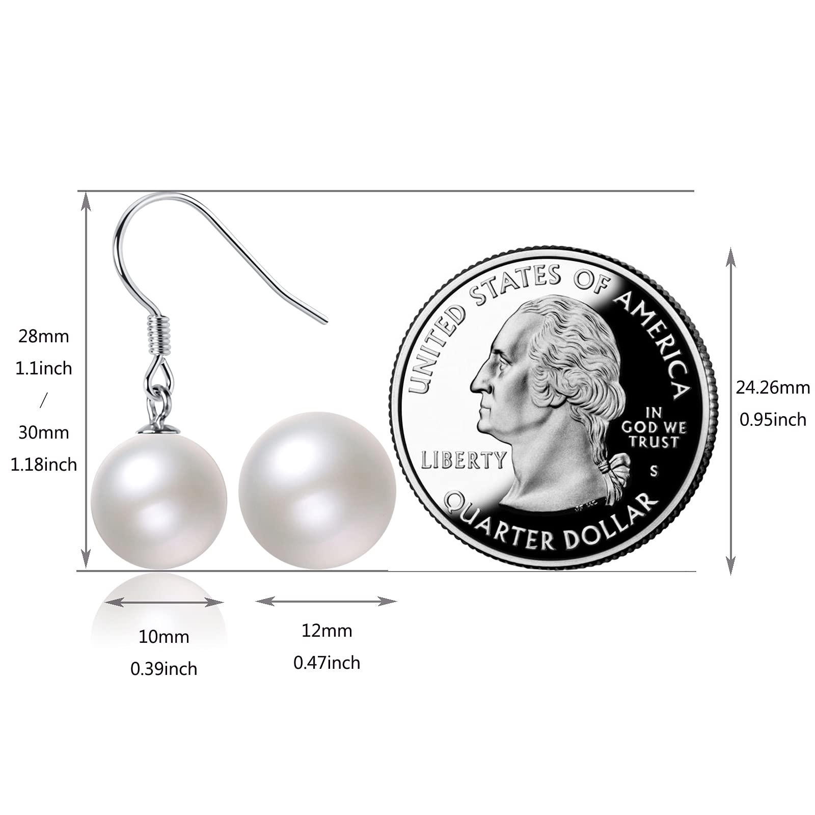 Pearl Earrings for Women Drop Pearl Earrings 925 Sterling Silver Pearl Drop Dangle Earrings for (12mm/0.47inch)