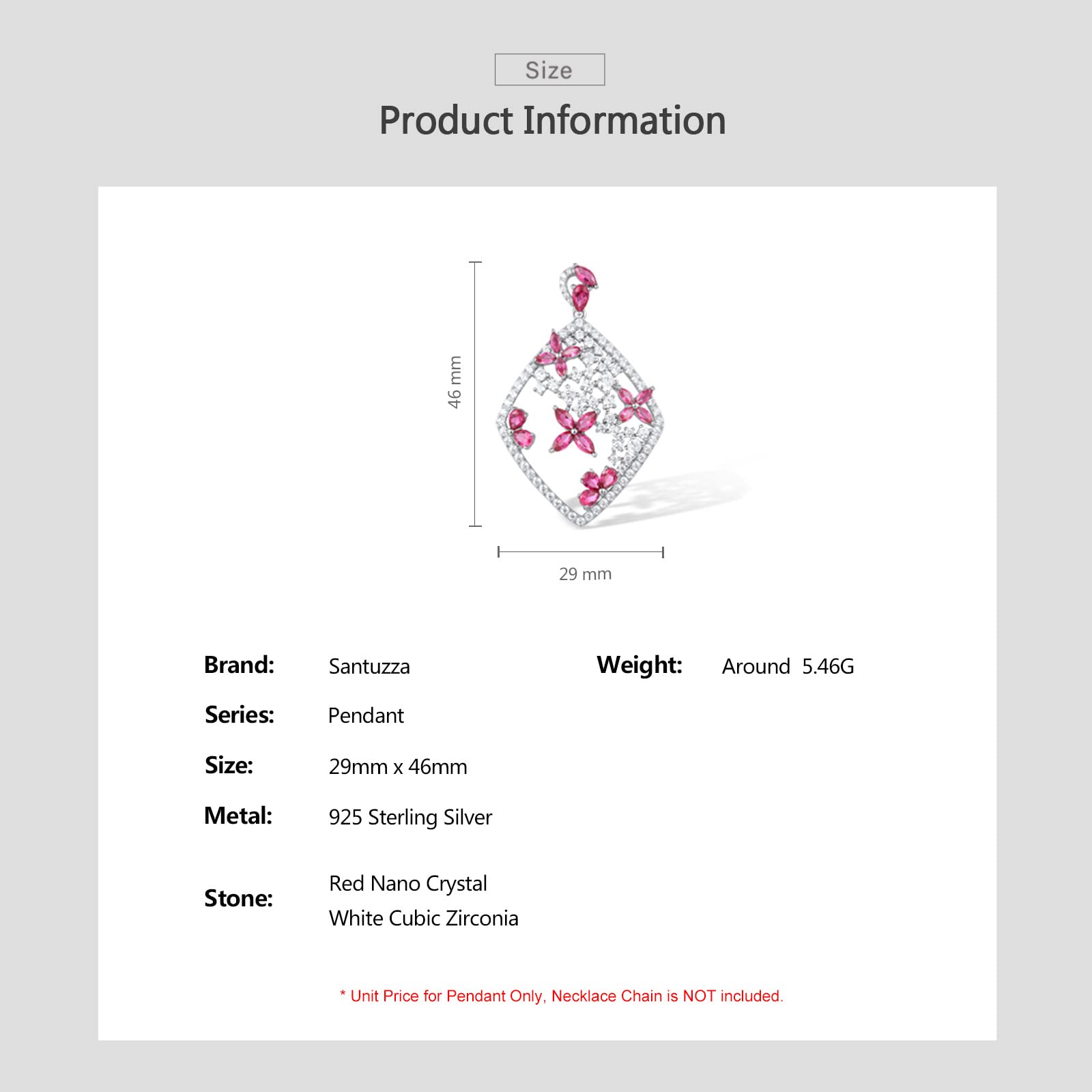 Santuzza 925 Sterling Silver Gemstone Butterfly Pendant Red Nano Crystal Cubic Zirconia Rhombus Pendant for Women