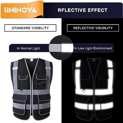 UNINOVA High Visibility Safety Vest - Multi Pockets Reflective Mesh Breathable Workwear, ANSI/ISEA Standards (Extra Large, Black Mesh)