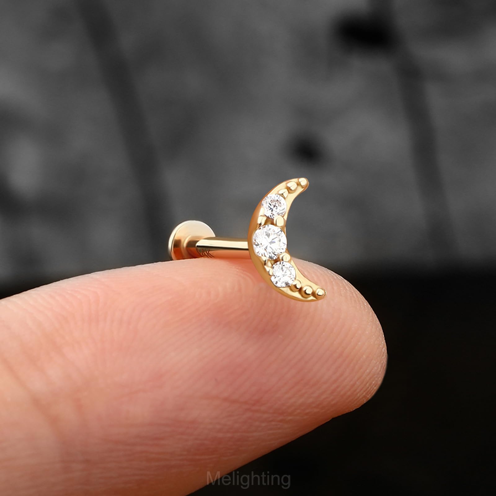 Melighting 14K Solid Gold Moon Earring, 16G Threadless Flat Back Earring with Titanium Post, CZ Stone, for Women