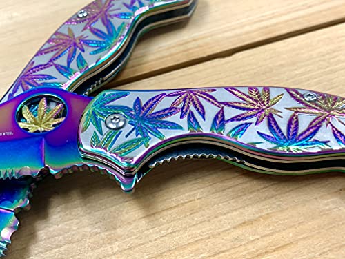 Super Knife 7.5" Rainbow Leaf Spring Assisted EDC Folding Lexury Pocket knife