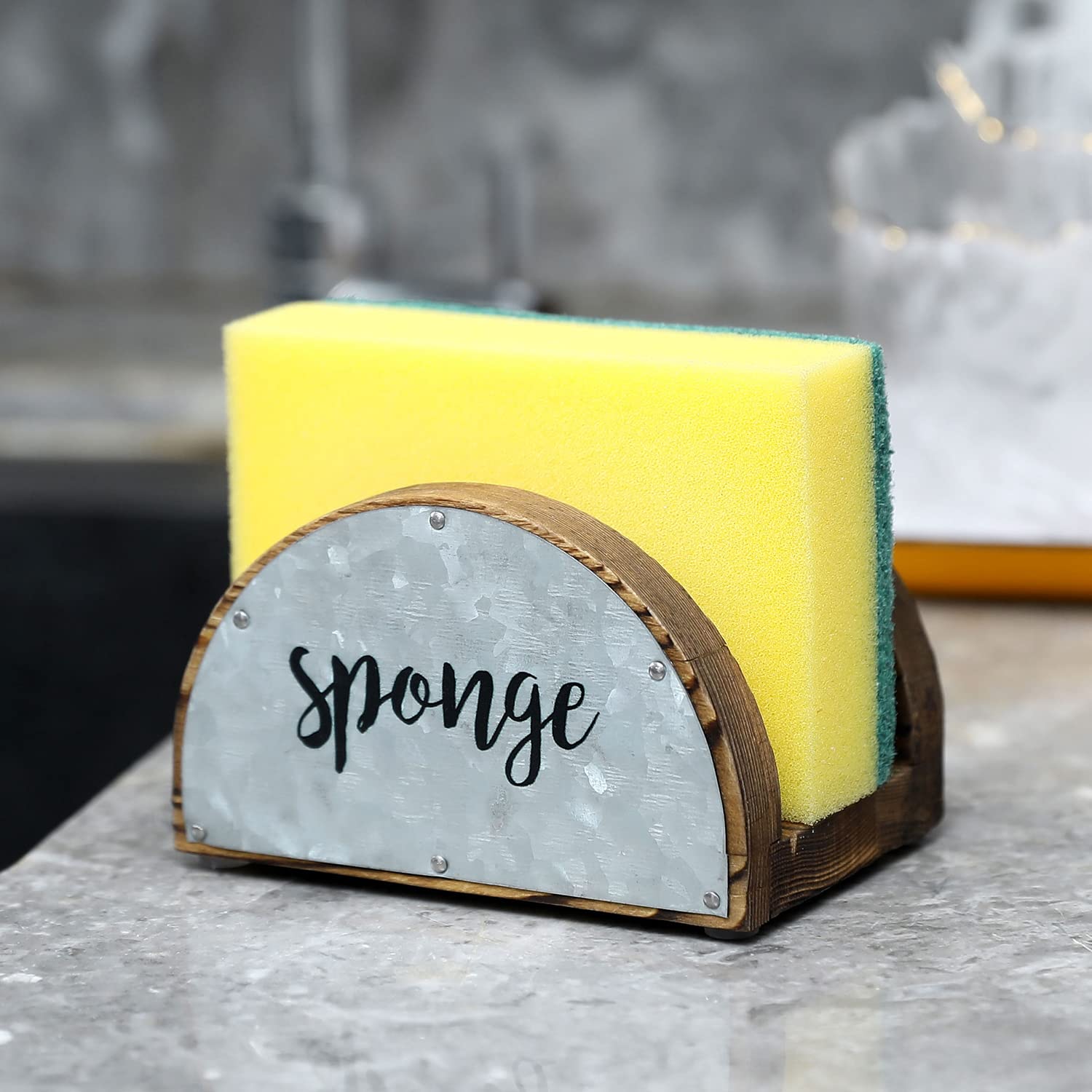 MyGift Burnt Wood Semicircle Kitchen Sink Sponge Holder with Galvanized Metal and Black Sponge Cursive Lettering