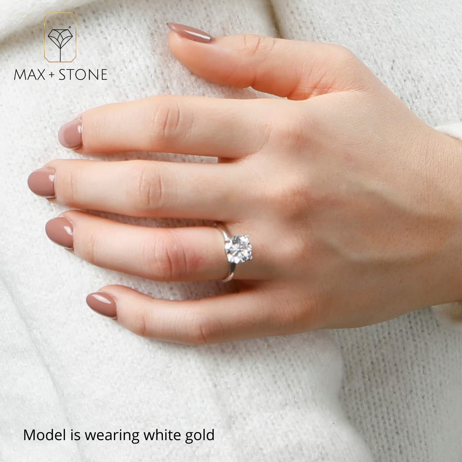 MAX + STONE 3 Carat Round Cubic Zirconia Solitaire Engagement Ring for Women | 14k Gold Engagement Ring | Simulated Diamond Ring | White Gold CZ Engagement Ring Size 8