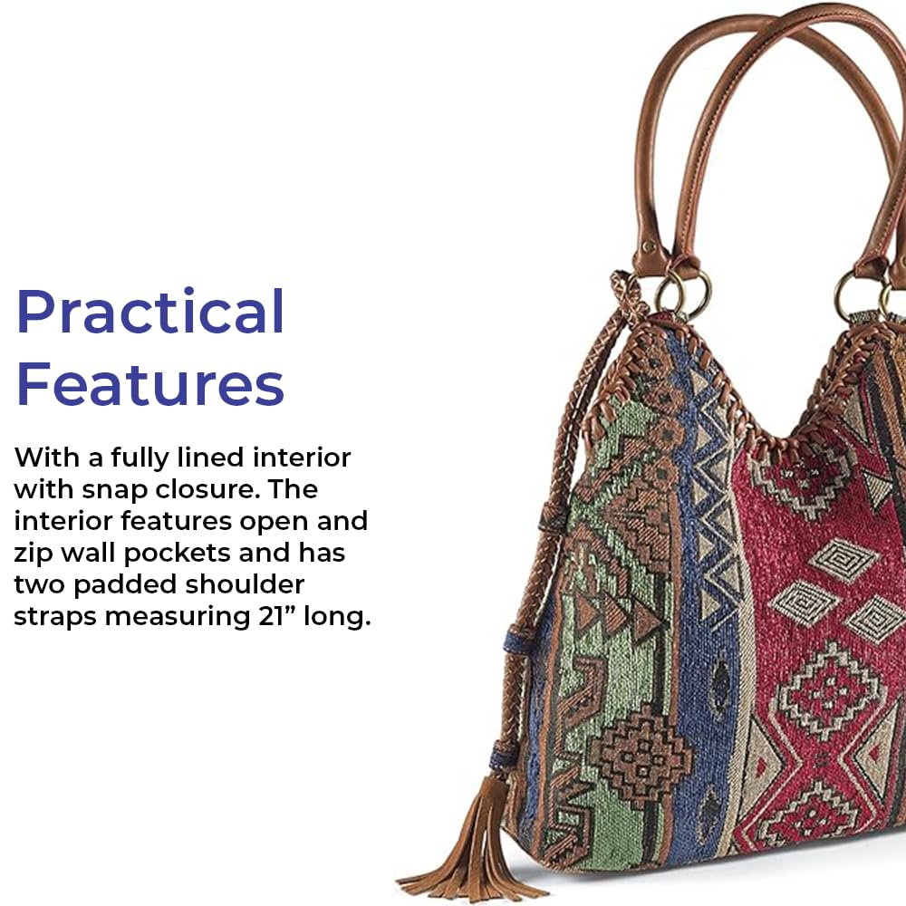 SAGEFINDS Natrona Tapestry Bag | Southwestern Pattern | Slouchy Purse | Snap Closure | Lined Interior with Pockets | 21β Long Double Handles | 16β H x 11β W