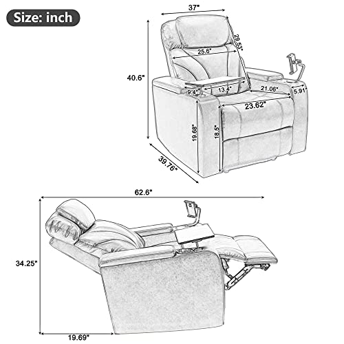 Motion Recliner with USB Charging Port and Hidden Arm Storage, Home Theater Seating with 2 Convenient Cup Holders Design and 360° Swivel Tray Table