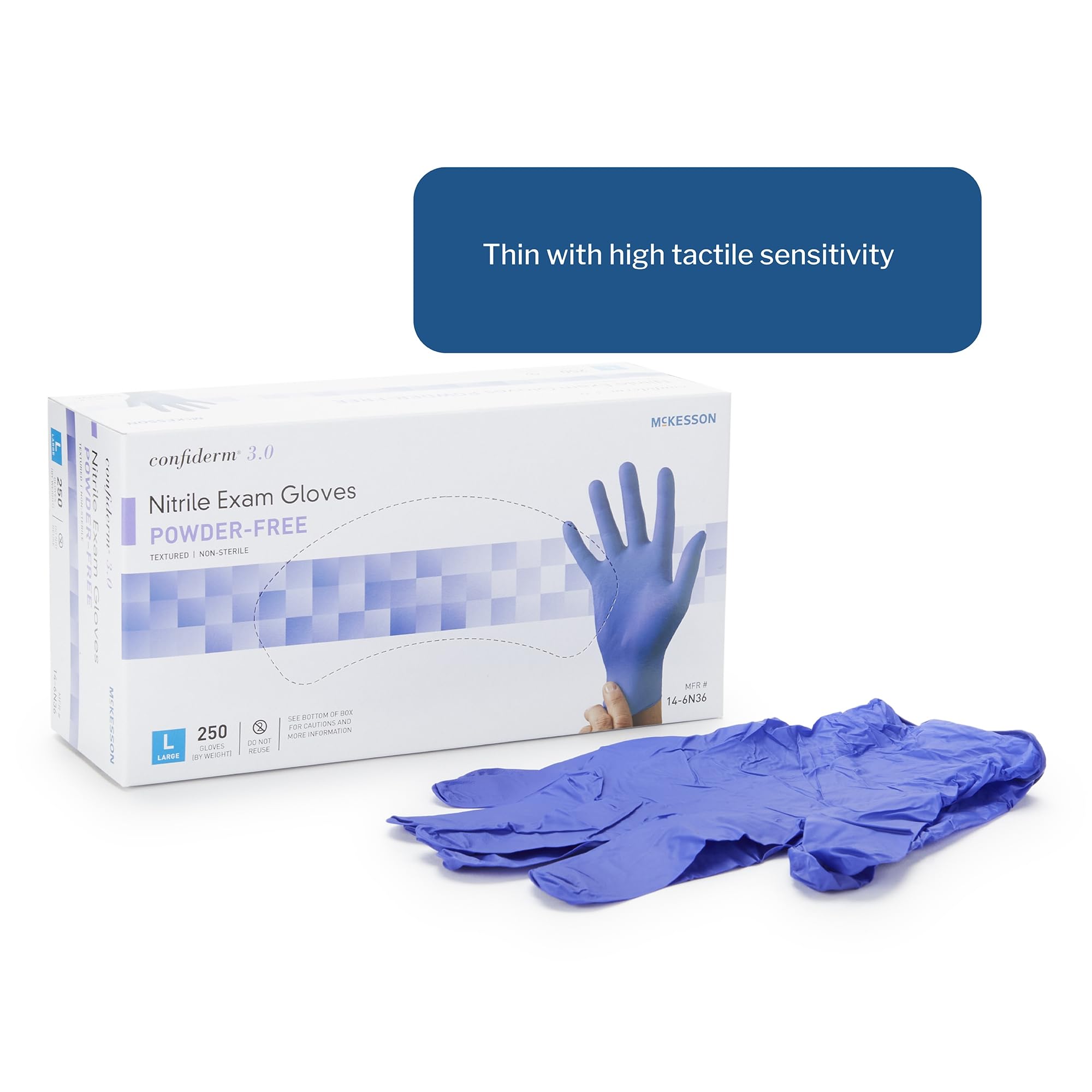 McKesson Confiderm 3.0 Nitrile Exam Gloves - Powder-Free, Latex-Free Medical Gloves, Ambidextrous, Disposable, Non-Sterile - Dark Blue, Size Large, 250 Count, 1 Box