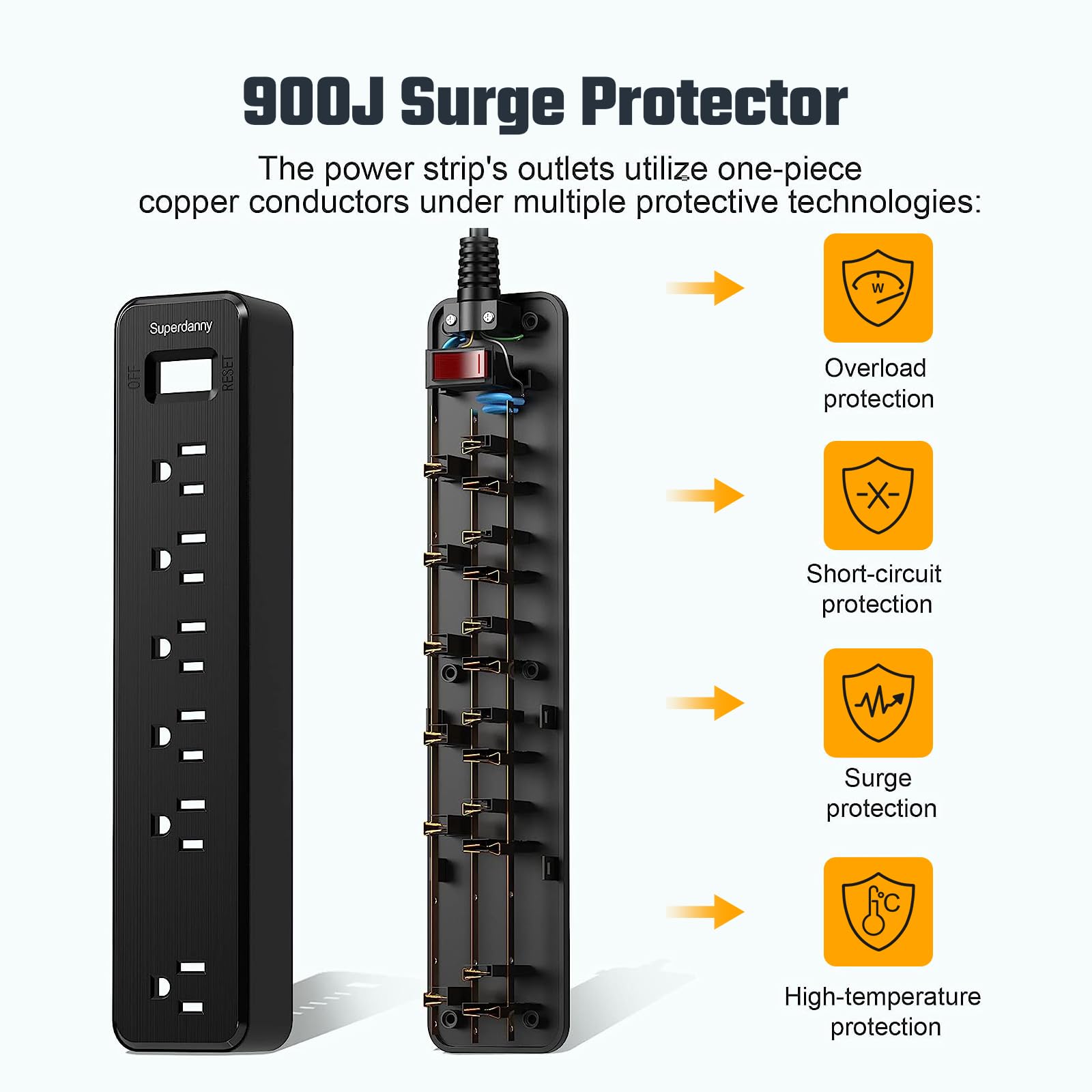 SUPERDANNY 6-Outlet Surge Protector Power Strip, 4.5 Ft Extension Cord, 900 Joules, Overload Switch, Standard Plug, Grounded, Integrated Circuit Breaker, Wall Mount, for Home, Office, Black