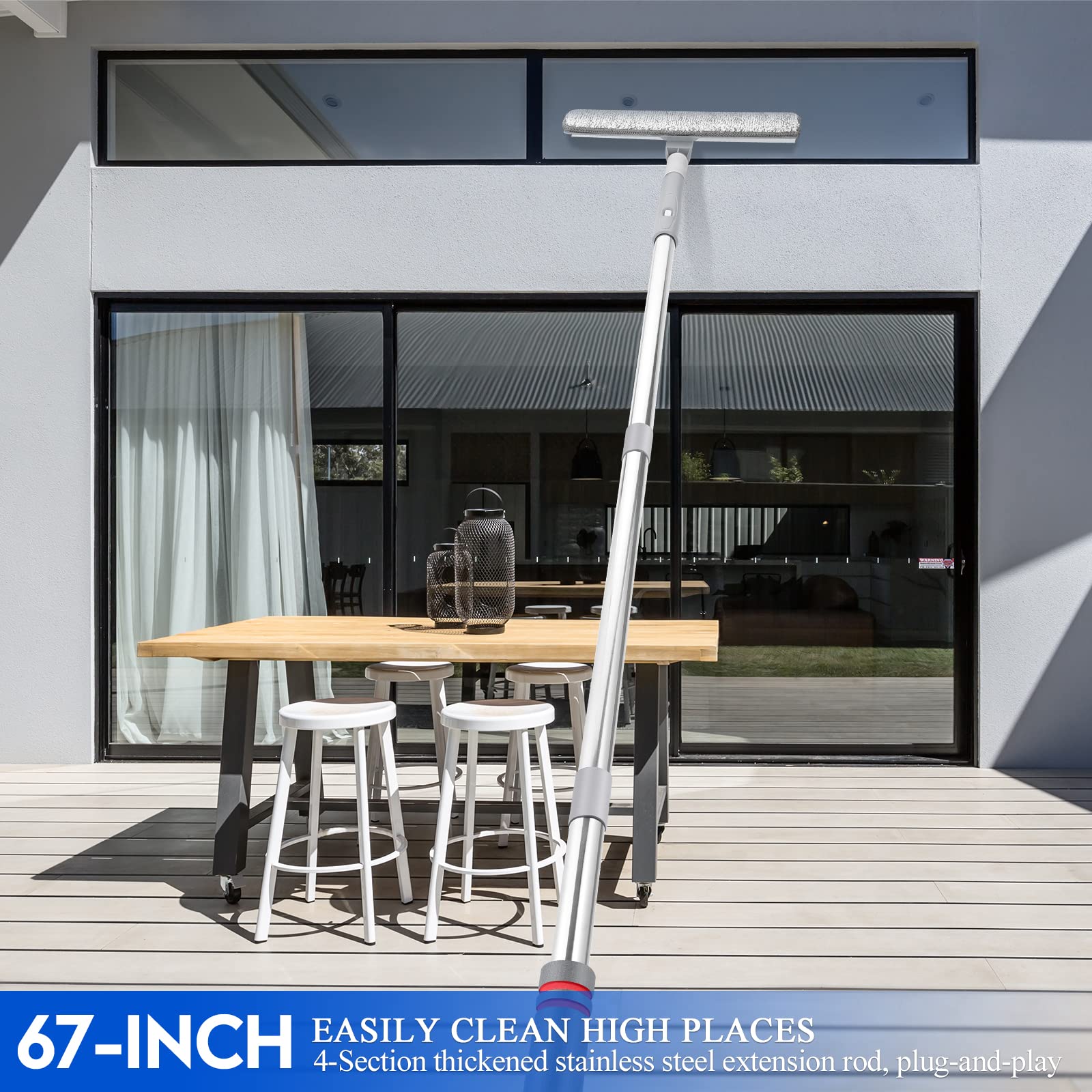 Window Squeegee Cleaner 2 in 1 Rotatable Window Cleaning Tool Kit with Extension Pole, Window Washing Equipment Includes 1 Dusting Attachments, for Indoor/Outdoor Car Glass, High Window Cleaning