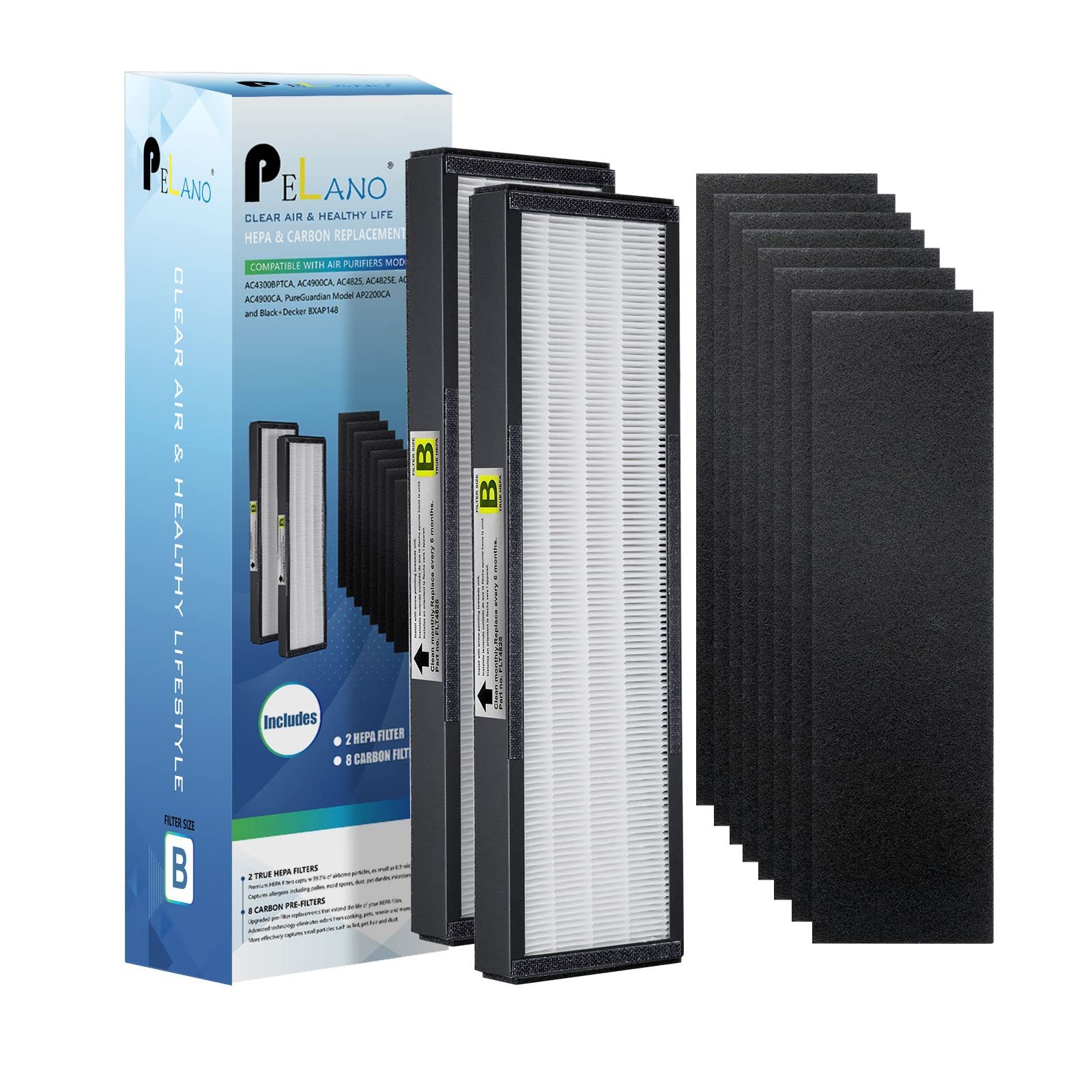 Pelano FLT4825 Replacement Filter B, Compatible with Germ Guardian AC4300BPTCA, AC4900CA, AC4825, AC4825DLX, AC4850PT, CDAP4500BCA, CDAP4500WCA and More, 2 H13 Ture Hepa Filter + 8 Carbon Pre-Filters