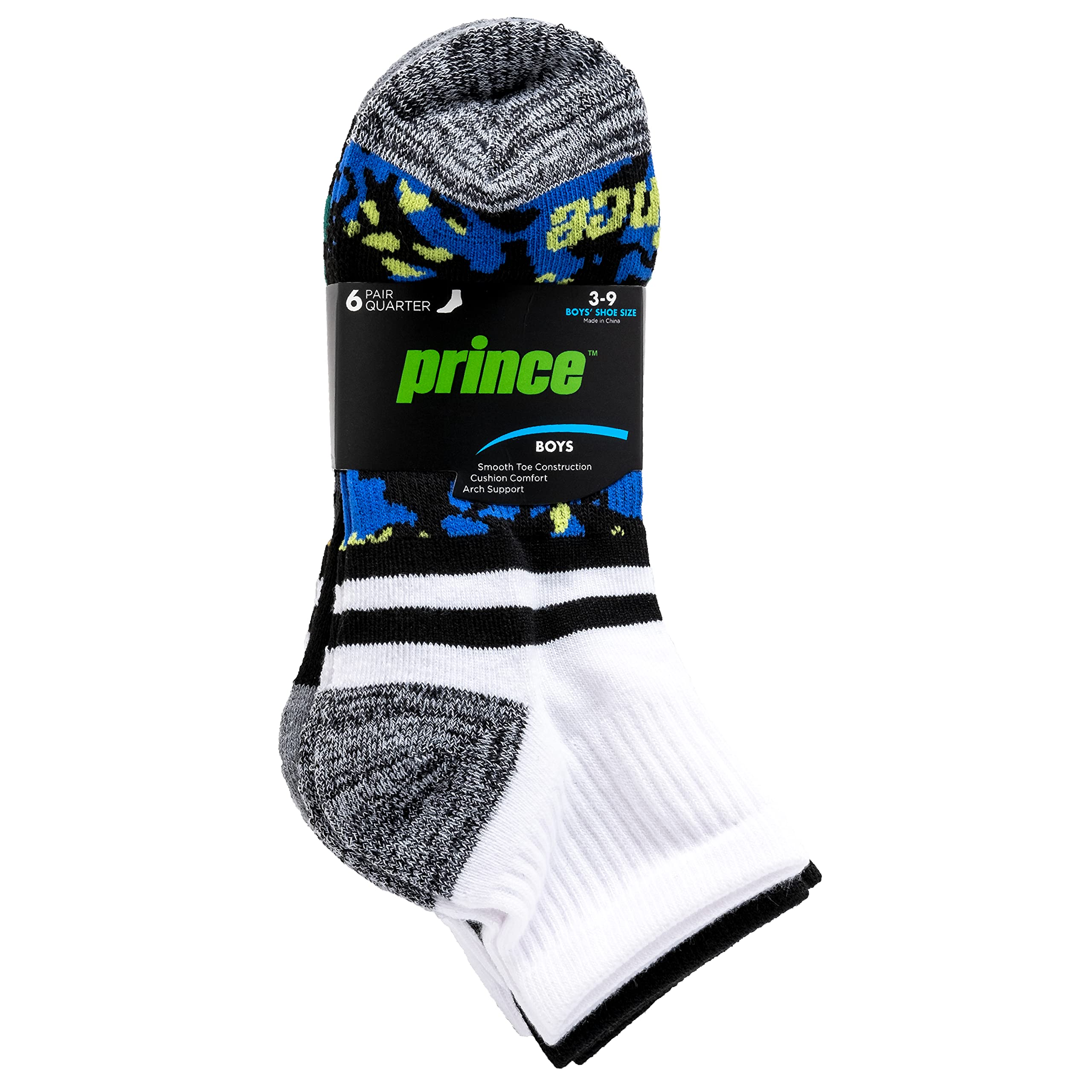 Prince Boys' Quarter Athletic Socks (6 Pair Pack) - Pixel Camo 3-9