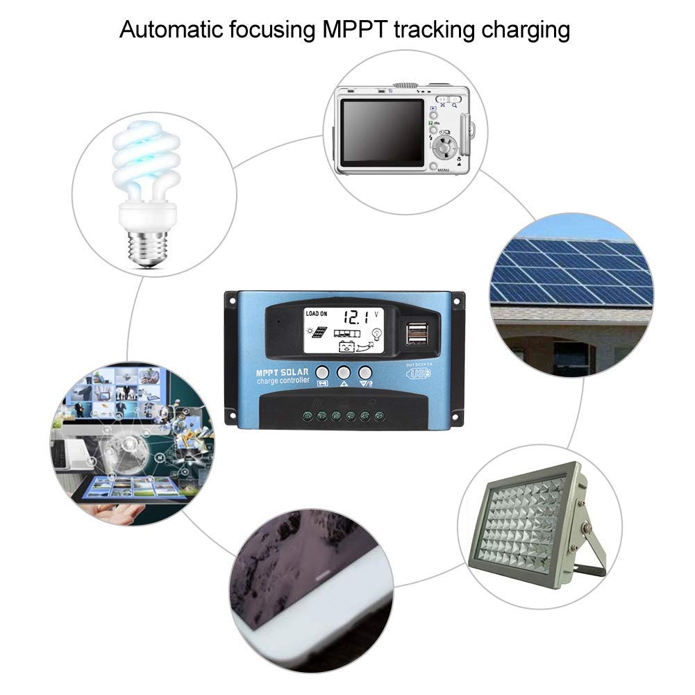 SHYEKYO Solar Charge Controller, 12V/24V MPPT Solar Charge Controller with LCD Real Time Display Solar Panel Intelligent Regulator for Storage Batteries and Loads Work(50A)