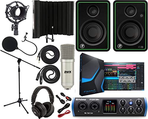 PreSonus Studio 24c 2x2 USB Type-C Audio/MIDI Interface with CR3-X Creative Reference Multimedia Monitors and 1/4â Instrument Cable and Microphone Isolation Shield