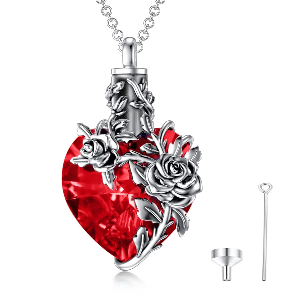PELOVNY Rose Flower Cremation Necklace For Ashes, Red Crystal Urn Necklace For Ashes For Women Memorial Jewelry