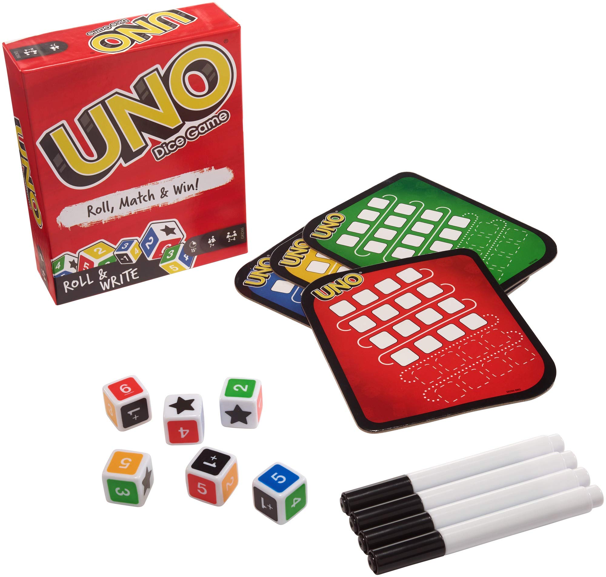 Mattel Games UNO Family Dice Game, with 6 Dice, 4 Dry Erase Boards and 4 Markers, Makes A Great Gift for 7 Year Olds and Up
