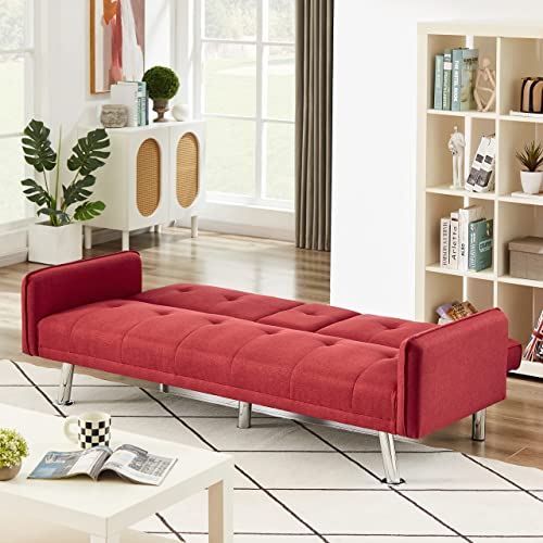 Lamerge Futon Sofa Bed,Convertible Upholstered Folding Sofa,Multi-Functional Sofa Couch for Compact Small Space,Apartment,Dorm,2 Cup Holders,72.4",Red (LFSB-R)