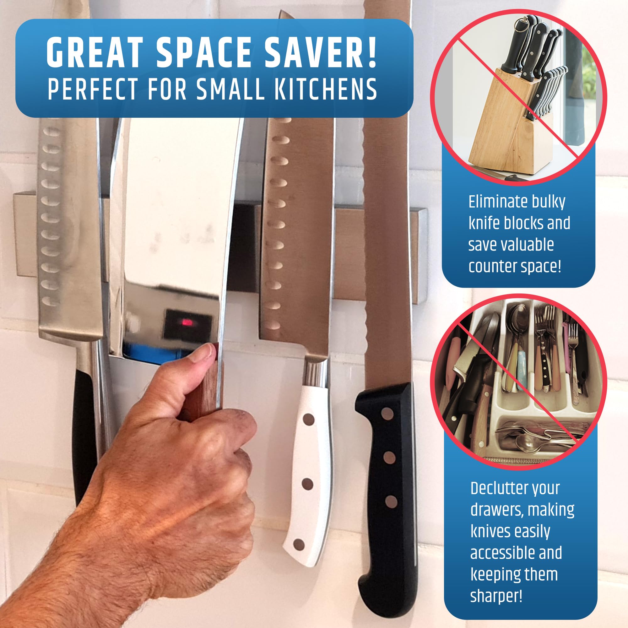 Strong Adhesive (No Drill) Magnetic Knife Holder for Wall - Professional 10 Inch Knife Strip - No Screws Needed - Adhesive Backing - Stainless Steel Knife Bar (Upgraded Version β Will Not Fall)