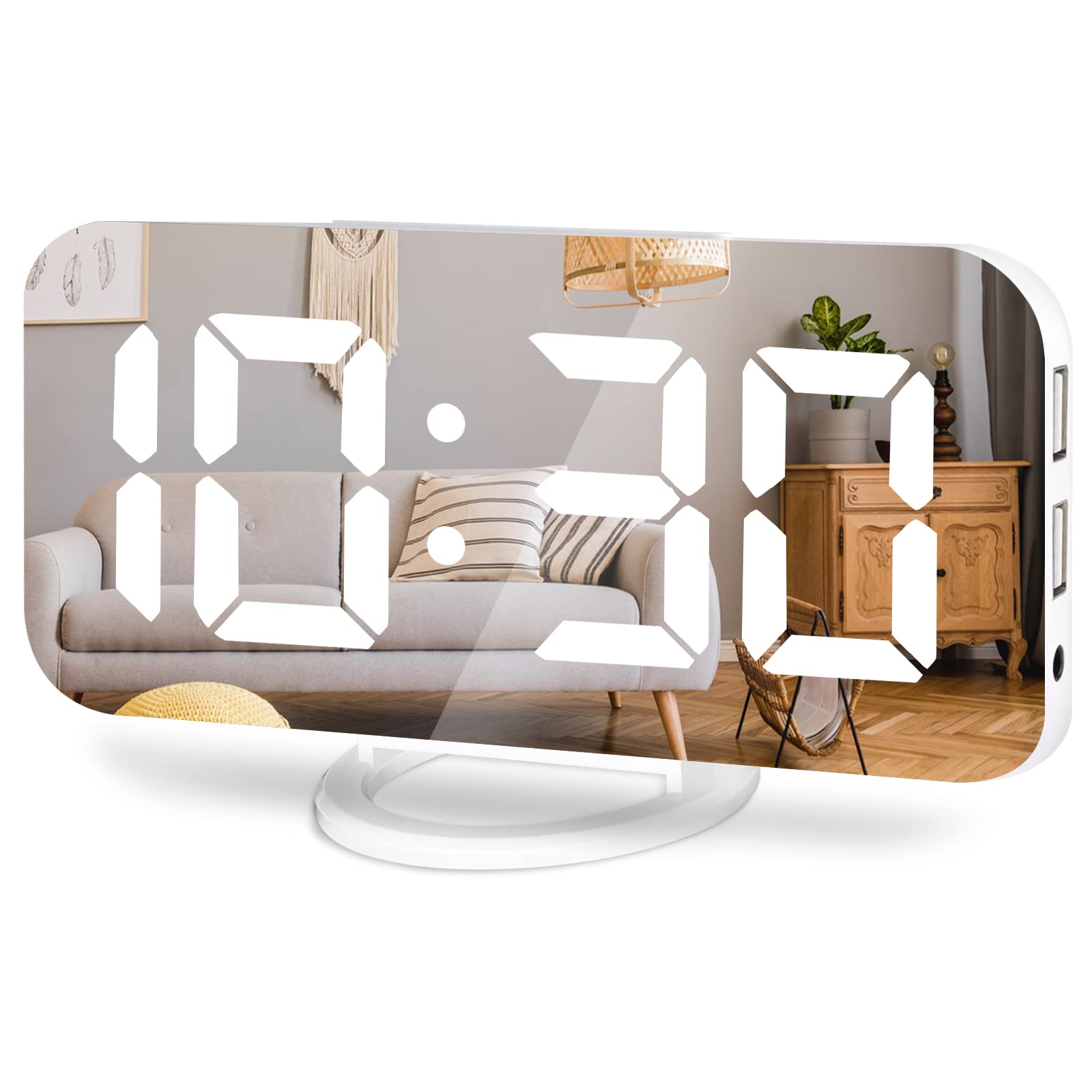 Lamisola Digital Alarm Clock, Large LED Mirror Display, 2 USB Charging Ports,Auto Dim Mode,Modern Design Clock for Bedroom Office, White