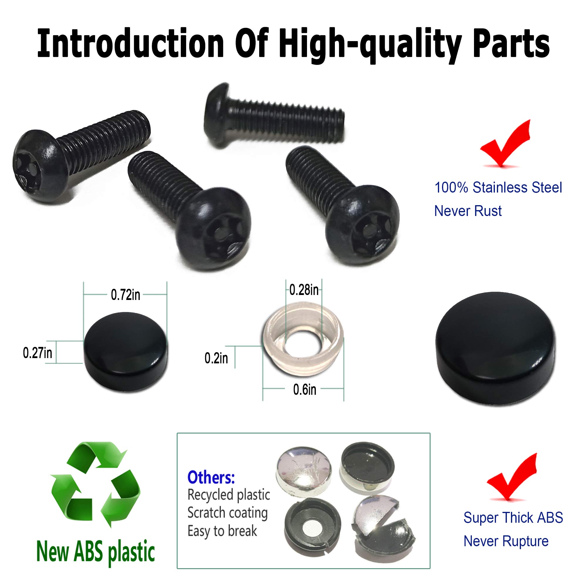 MINDA Black Anti Theft License Plate Screws- Rustproof Stainless Steel Security Car Tag Bolts Hardware,M6 (1/4 inch ) Tamper Proof Screws,Fastener Nut,Caps Cover for Front Rear Frame Holder Mounting