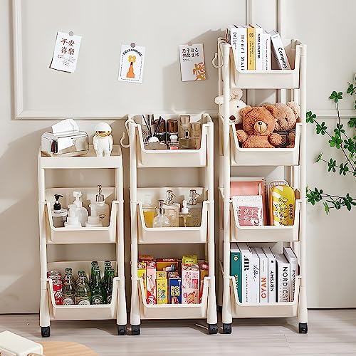 Miyxsin 4-Tier Detachable Plastic Storage Rack,Movable storage cart with Wheels,Multi-Functional Rolling Utility Car Storage Rack,Simple display bookshelf suitable for living room(without Cover)