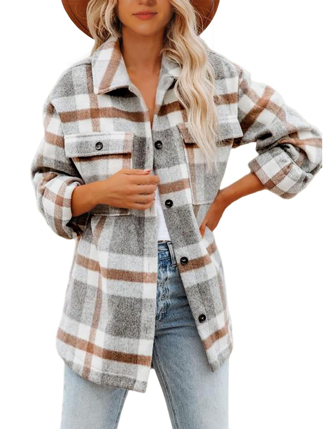 Lviefent Womens Casual Wool Blend Plaid Flannel Shackets Jacket Button Down Shirt Coat (Z-Grey, Small)