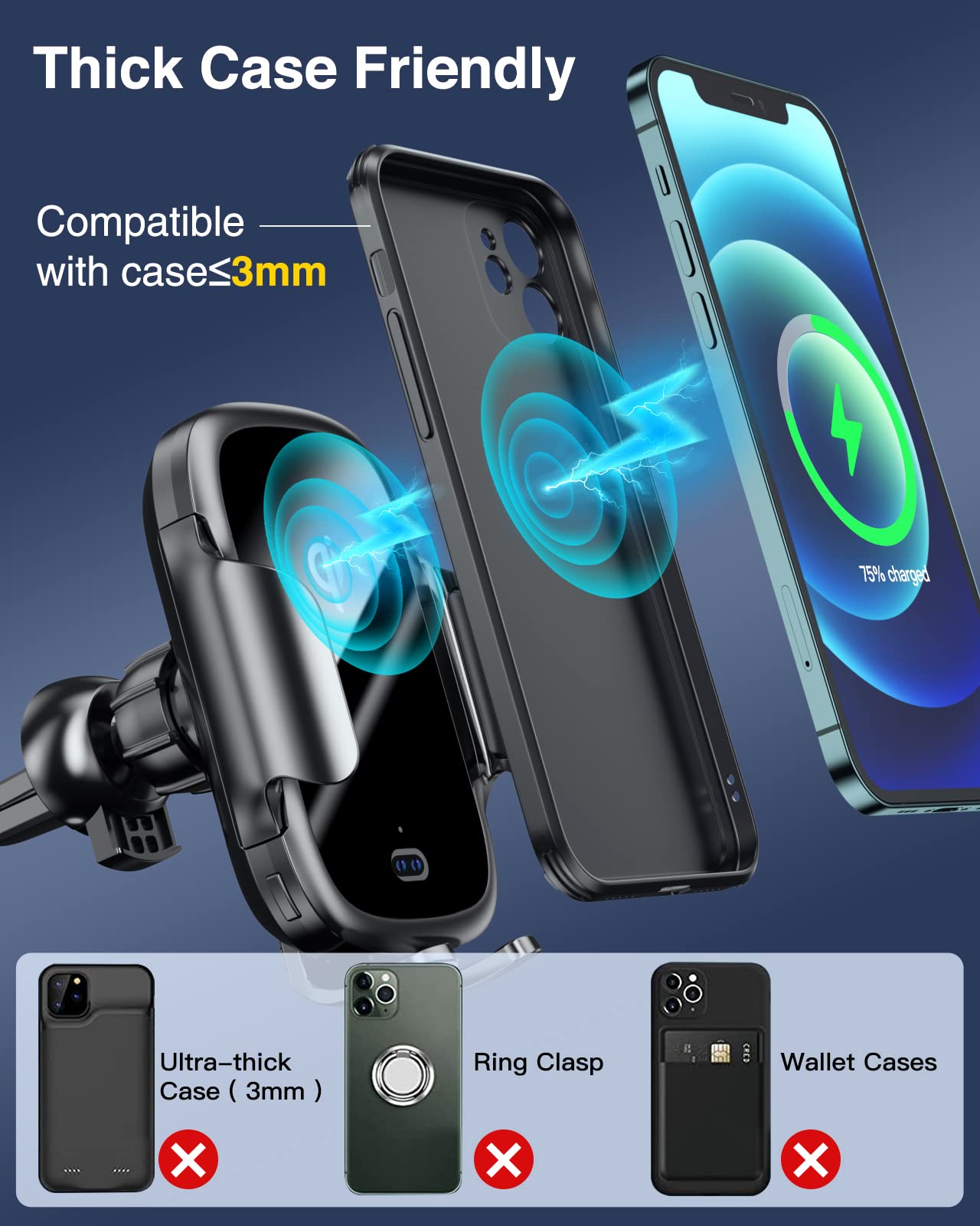 Wireless Car Charger, 15W Qi Fast Wireless Charging Auto Clamping Phone Mount Windshield Dashboard Air Vent Phone Holder for iPhone 13/12/11/X/8 Series Samsung S20/S10/S9/S8/Note 10/Note 9/Note 8