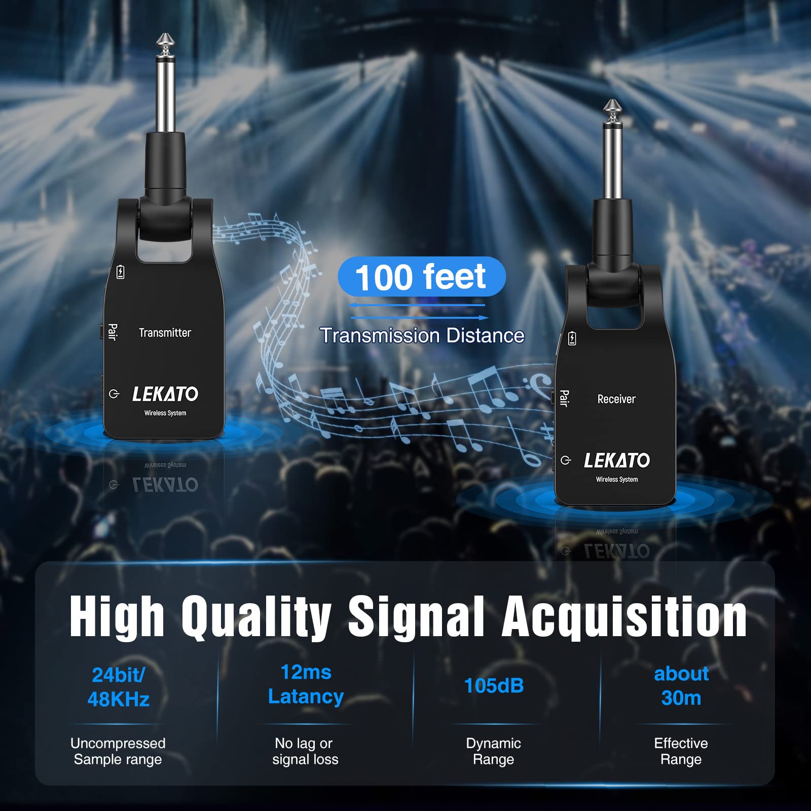 LEKATO Wireless Guitar System 2.4GHz Wireless Guitar Transmitter Receiver with 6 Channels Rechargeable Wireless Audio Digital Guitar System 100 feet Transmission Range for Electric Guitar Bass