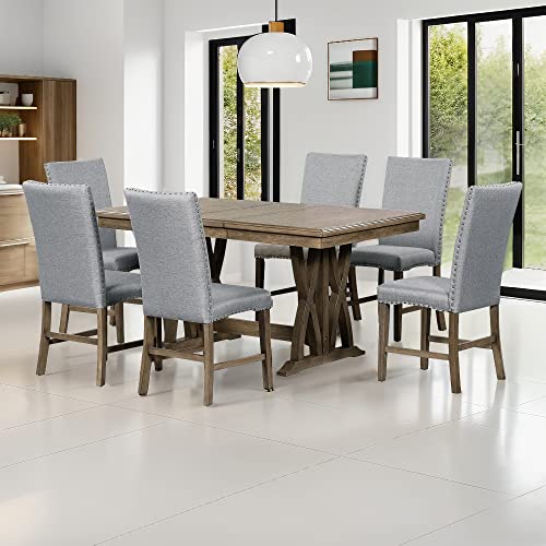 LUMISOL 7 Piece Dining Table Set Mid Century Style Extendable Kitchen Dining Set for 6-8 Persons with 12" Leaf Solid Wood Dining Table Set with 6 Chairs, Golden Brown