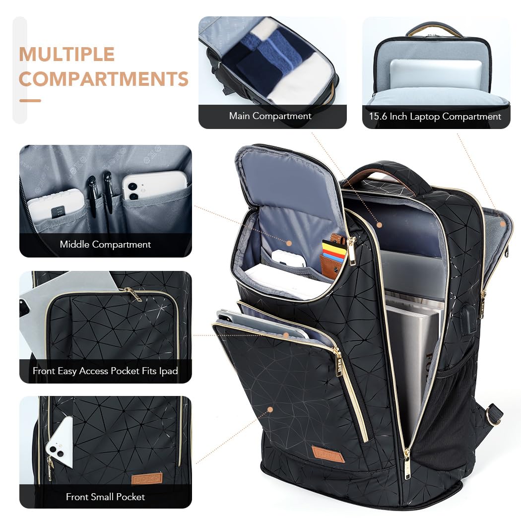Lekebobor Travel Rolling Backpack Women Wheeled Business Backpack,15.6" Laptop Backpack with USB Charging Port, Waterproof Carry on Backpack Flight Approved Travel Backpack,Black with Golden Zipper