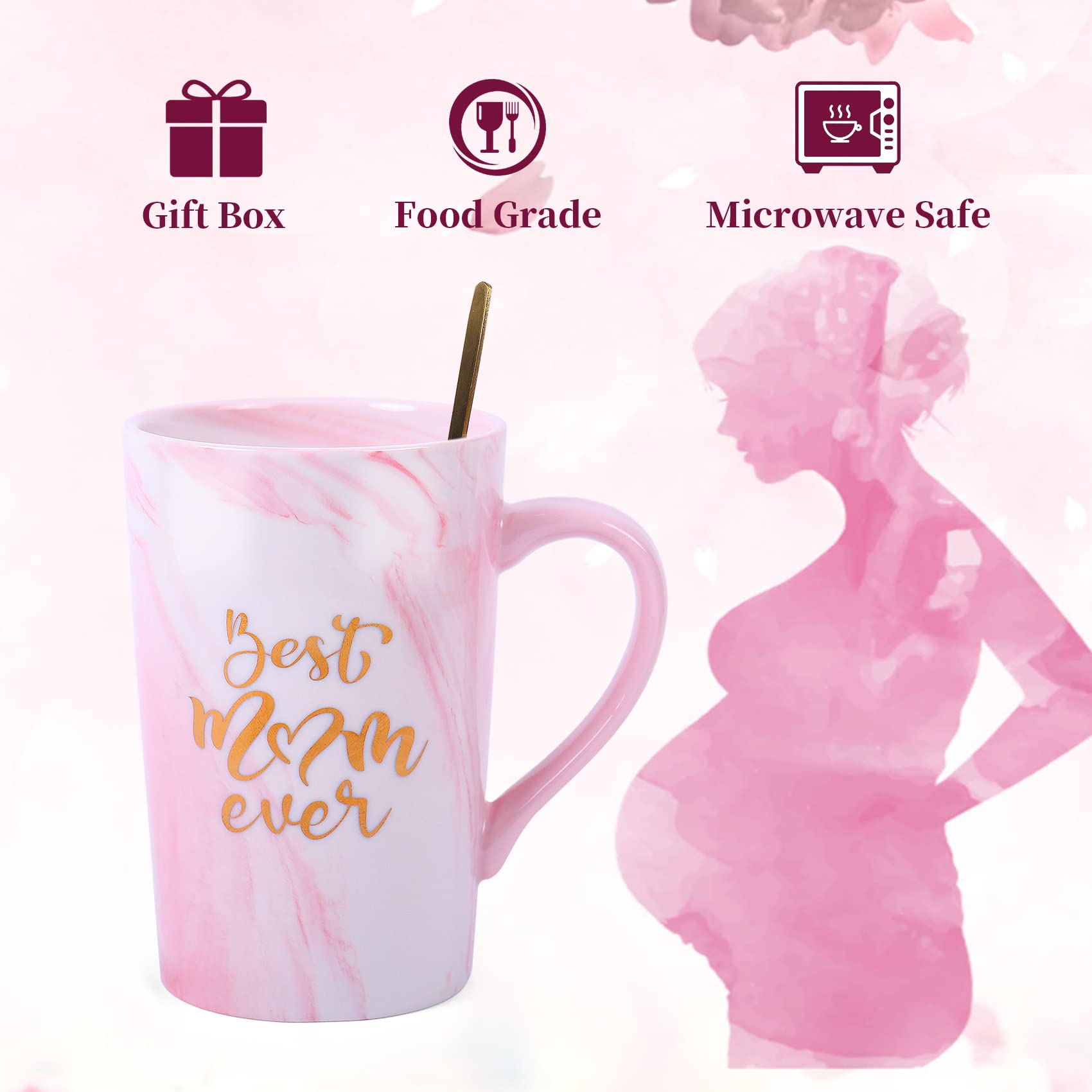 OurHonor Gifts for Mom, Best Mom Ever Coffee Mugs, Gift for Women 16 Oz Marble Pink Ceramic Novelty Tea Cup with Delicate Box for Mother's Day Chrismas