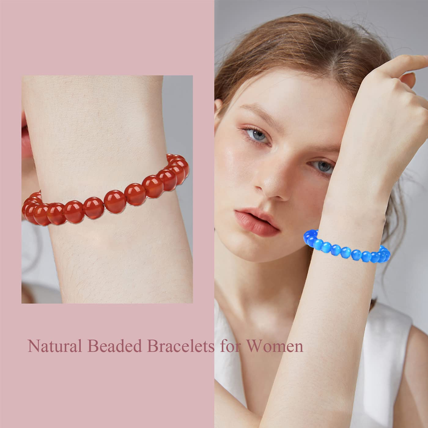 SAMOCO 12 Pcs 8mm Semi-precious Beaded Bracelets for Men Women Healing Stretch Round Bead Crystal Gemstones Bracelets Unisex