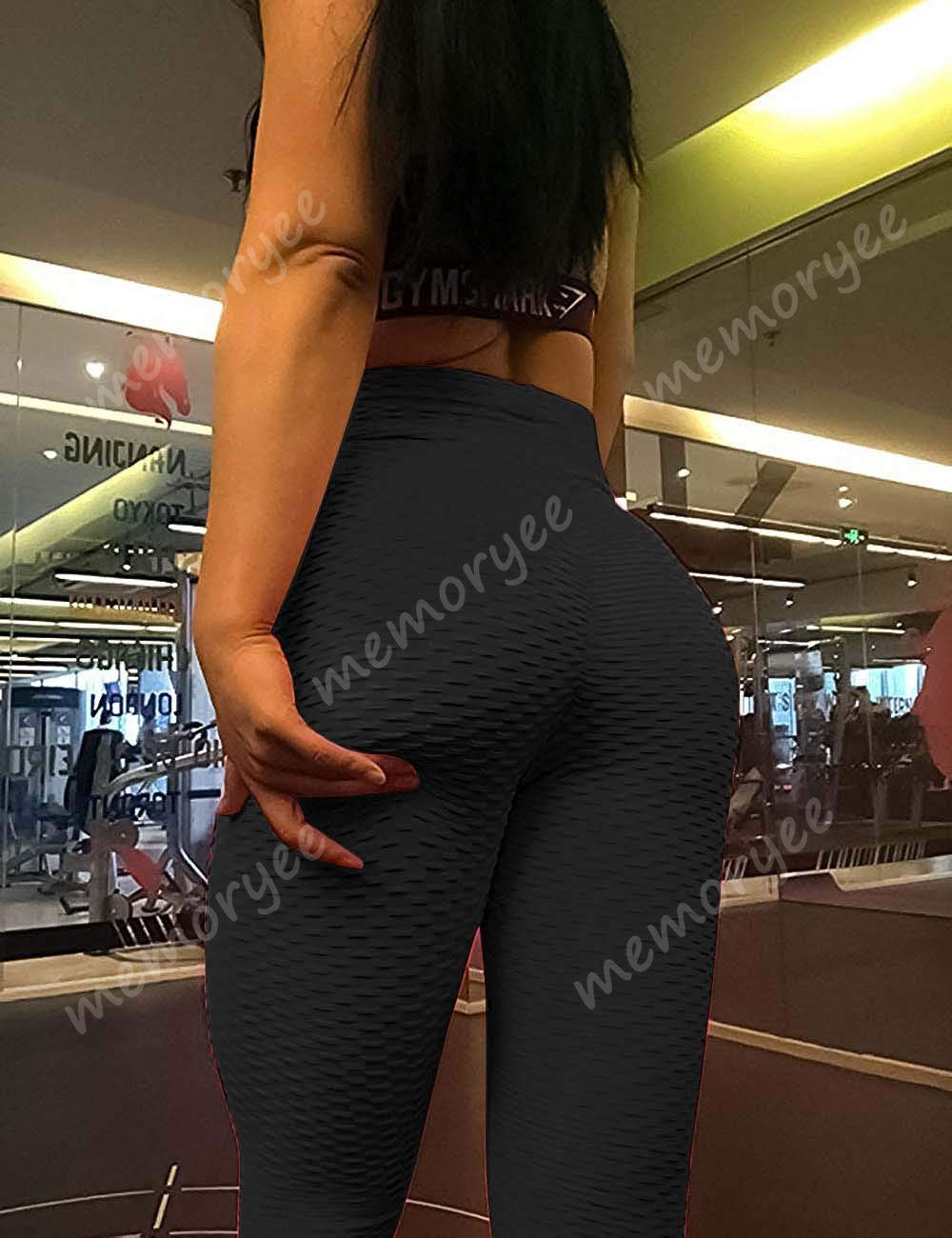 Memoryee Women's Honeycomb Leggings Running Butt Lift High Waist Yoga Pants/Black/L。