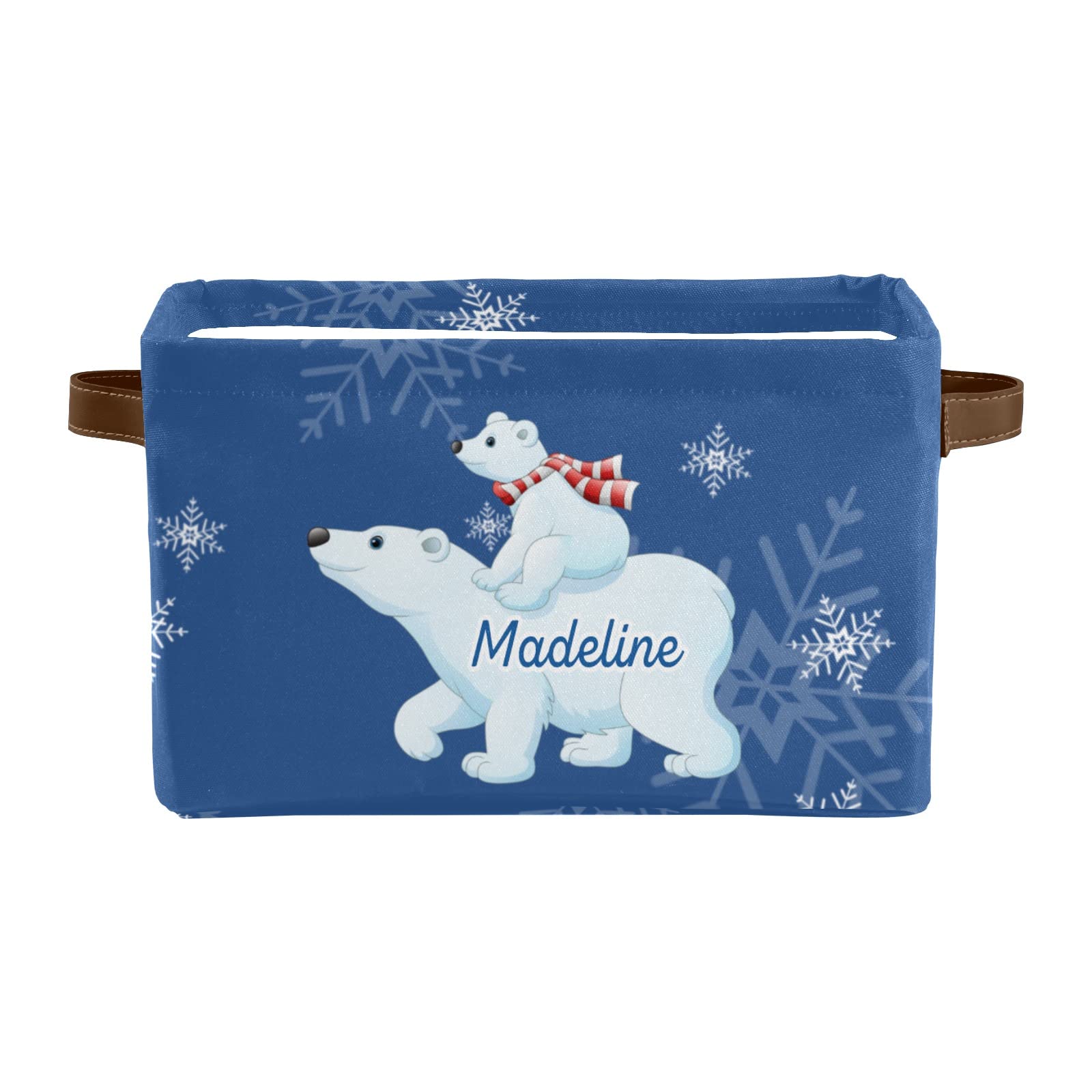 Winter Polar Bear Personalized Storage Basket,Custom Storage Bins Cubes Organizer with Handle for Bedroom Wardrobe,Nursery,Basket 1 Pack