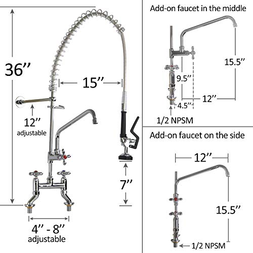 YooGyy Commercial Pre-Rinse Sprayer Faucet 4 to 8 Inch Adjustable Center Deck Mount 36ββ Height, Dual Hole Dual Handles with High Pressure Pull Down Spray Valve and 12ββ Add on Spout
